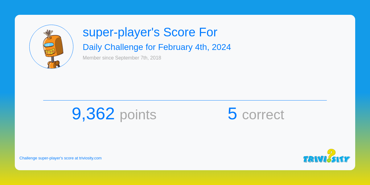 Triviosity - super-player's score card - Daily Challenge for...